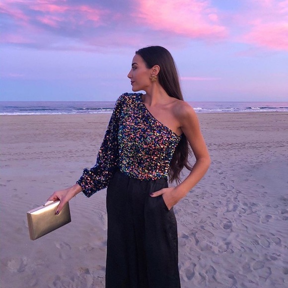 Zara | Tops | Gorgeous Zara One Shoulder Sleeve Sequined Blouse | Poshmark